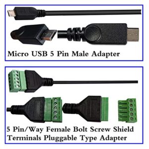 zdyCGTime Micro USB Screw Terminal Block Connector Cable Micro USB 2.0 Male Plug to 5 Pin/Way Female Bolt Screw with Shield terminals Pluggable Type Adapter Connector Cable（30CM/2Packs (Male)