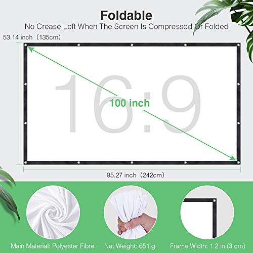 DBPOWER Projector Screen 100 inch, 16:9 HD 3D Foldable Anti-Crease Portable Projector Movie Screen for Home Theater Indoor Outdoor Support Double Sided Projection