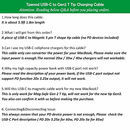 USB C to Magnetic 2 T Tip Adapter Charging Cable for MacBook Air Pro Charger 85w, USB-C to Magnetic T-Head 5 Pin Charge Cord for MacBook 11inch 13inch After 2012, Fit for 60w 45w