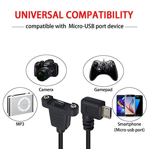 Poyiccot Micro USB Extension Cable, 90 Degree Right Angle Micro USB Male to Micro USB Female Power Extension Panel Mount Type Cable with Screws for Data & Charge (Micro USB B 5Pin M/F)