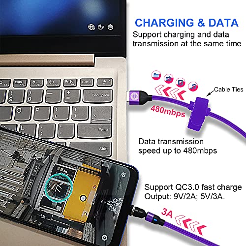 EndlesShine Magnetic Charging Cable(Not Including Magnetic Tips) [ 2-Pack], 540° Rotating Magnetic Phone Charger Cable with 3A Fast Charging Data Sync, Nylon-Braided Cords (Purple 10 FT)