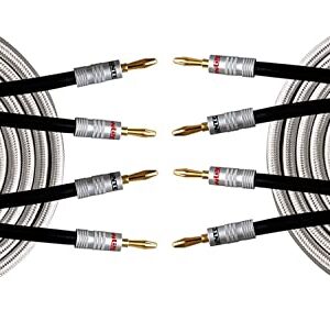 HANNLINTE 12AWG Speaker Cable Wire (2 Pack, 6 Feet) with Gold Plated Banana Plugs (OFC), 12 Gauge Speaker Banana Wire, Silver