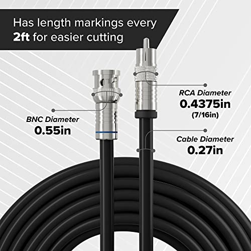 Black, 3 ft BNC to RCA RG6 Cable - Professional Grade - Male BNC to Male RCA Cable - BNC Cable - 75 Ohm Coaxial, 50/75 Ohm Connectors, SDI, HD-SDI, CCTV, Camera, and More - 3 Feet Long, in Black