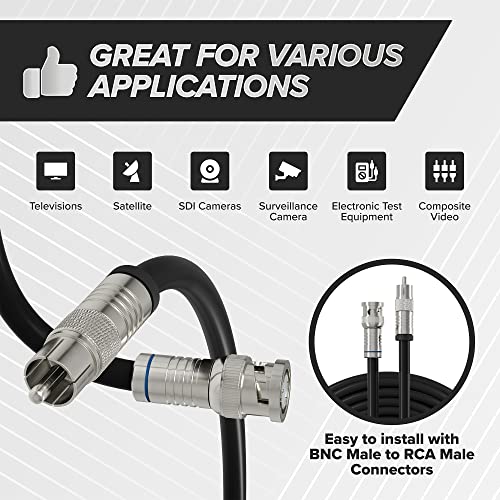 Black, 3 ft BNC to RCA RG6 Cable - Professional Grade - Male BNC to Male RCA Cable - BNC Cable - 75 Ohm Coaxial, 50/75 Ohm Connectors, SDI, HD-SDI, CCTV, Camera, and More - 3 Feet Long, in Black