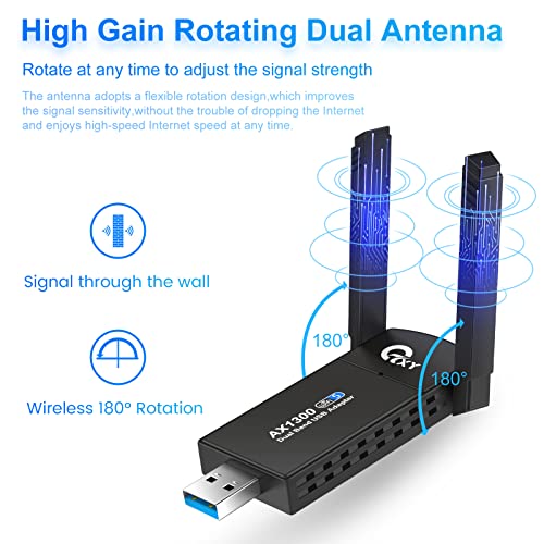 USB WiFi Adapter for PC 1300Mbps Dual Band 2.4GHz/400Mbps & 5GHz/867Mbps 5dBi High Gain Dual Antenna 802.11AC USB WiFi Adapter for WIN7 8 8.1 10 XP Vista Mac OS 10.9-10.15 Wireless Adapter for Desktop