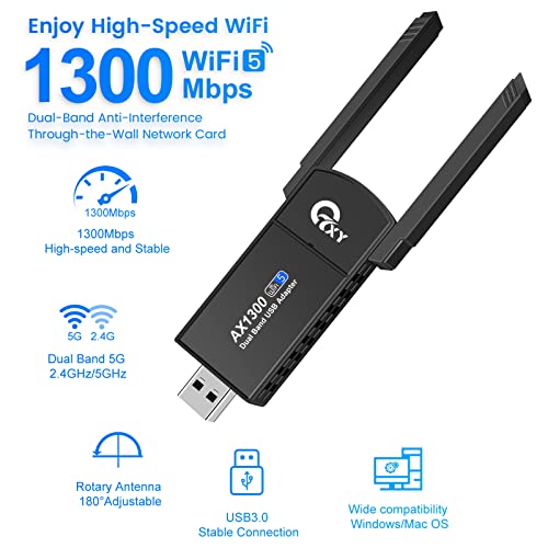 USB WiFi Adapter for PC 1300Mbps Dual Band 2.4GHz/400Mbps & 5GHz/867Mbps 5dBi High Gain Dual Antenna 802.11AC USB WiFi Adapter for WIN7 8 8.1 10 XP Vista Mac OS 10.9-10.15 Wireless Adapter for Desktop