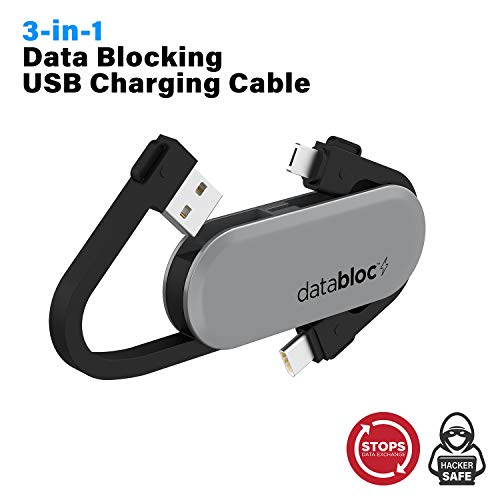 Eyebloc Databloc 3-in-1 Data Blocking Micro USB Multi Charging Cable - Type C, Dual Tip Compatibility - Hacker Safe, Data Protection - Silver