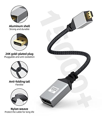 CLAVOOP Micro HDMI to HDMI Adapter, HDMI 2.0 Female to Micro HDMI Male Cable Adapter 4K@60Hz HDR 3D 18Gbps Compatible for Raspberry Pi 4 GoPro Black Hero7 Camera 7R A6000 B500 - Grey