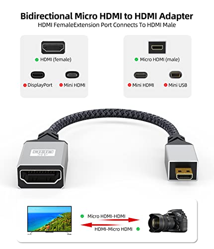 CLAVOOP Micro HDMI to HDMI Adapter, HDMI 2.0 Female to Micro HDMI Male Cable Adapter 4K@60Hz HDR 3D 18Gbps Compatible for Raspberry Pi 4 GoPro Black Hero7 Camera 7R A6000 B500 - Grey