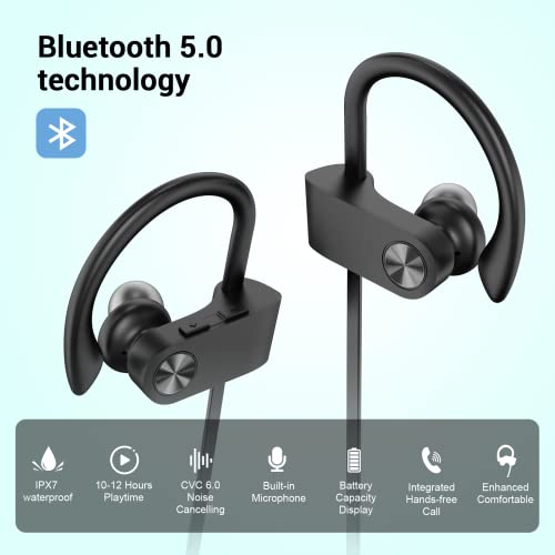 NEBONS Bluetooth Headphones, Running Wireless Sport Earbuds, V5.0 IPX7 Waterproof, HiFi Bass Stereo Sweatproof Earphones W/Mic, 12 Hours Play time, Noise Cancelling Headset for Workout,Gym, Blackgrey