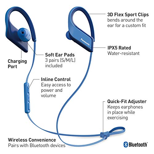 PANASONIC Wings Sport Headphones are Ultra-Light Wireless Bluetooth Sport Earbud 3D Flex Sport Clips with Microphone and Call/Volume Controller, IPX5 Rated Water-Resistant - RP-BTS35-A (Blue)