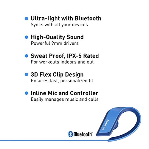 PANASONIC Wings Sport Headphones are Ultra-Light Wireless Bluetooth Sport Earbud 3D Flex Sport Clips with Microphone and Call/Volume Controller, IPX5 Rated Water-Resistant - RP-BTS35-A (Blue)