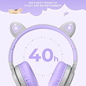 Picun B29 Kids Headphone with Microphone Wireless Bluetooth 5.0,40Hours Playing Wireless Over Ear Headphone for Kids Girls Boys,Stereo Sound, for Online Learning/School/Travel/Tablet (Grayish Purple)