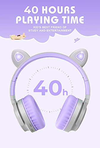 Picun B29 Kids Headphone with Microphone Wireless Bluetooth 5.0,40Hours Playing Wireless Over Ear Headphone for Kids Girls Boys,Stereo Sound, for Online Learning/School/Travel/Tablet (Grayish Purple)