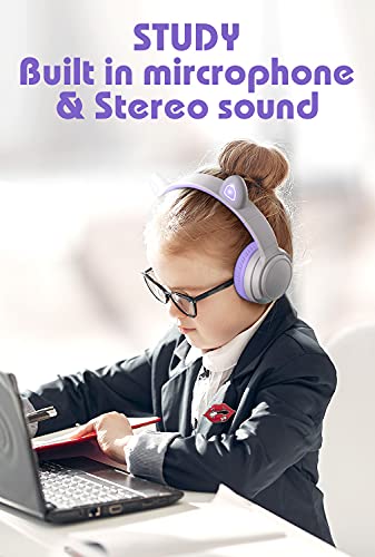 Picun B29 Kids Headphone with Microphone Wireless Bluetooth 5.0,40Hours Playing Wireless Over Ear Headphone for Kids Girls Boys,Stereo Sound, for Online Learning/School/Travel/Tablet (Grayish Purple)