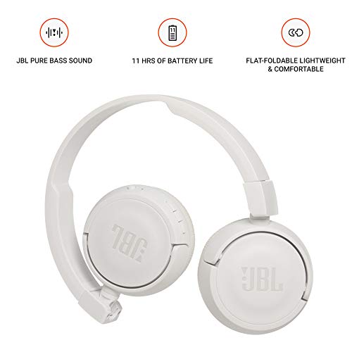 JBL T460BT Extra Bass Wireless On-Ear Headphones with 11 Hours Playtime & Mic - White