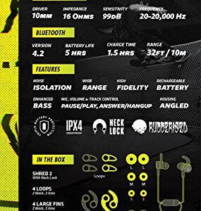 Wicked Audio Shred2 — Wireless Bluetooth Sweat Proof Earbud — Noise Isolating Wireless Earbuds Bluetooth Headphones, Workout and Running Headphones with Microphone and Track Control — Lime Freak