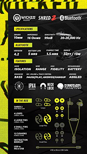 Wicked Audio Shred2 — Wireless Bluetooth Sweat Proof Earbud — Noise Isolating Wireless Earbuds Bluetooth Headphones, Workout and Running Headphones with Microphone and Track Control — Lime Freak