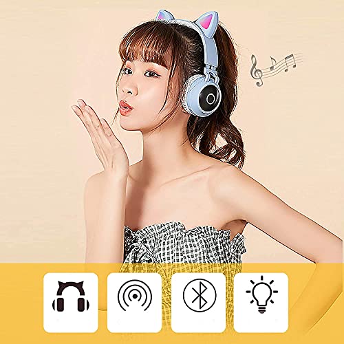 YCDTMY Cat Ear Headphone,Kids Wireless Headphones, Cat Ear LED Light Up Foldable Headphones Over Ear with Microphone, Stereo Sound, FM Radio,TF Card, Headset for Phones/Pad/Smartphones/Laptop (Blue)