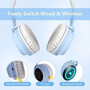 YCDTMY Cat Ear Headphone,Kids Wireless Headphones, Cat Ear LED Light Up Foldable Headphones Over Ear with Microphone, Stereo Sound, FM Radio,TF Card, Headset for Phones/Pad/Smartphones/Laptop (Blue)