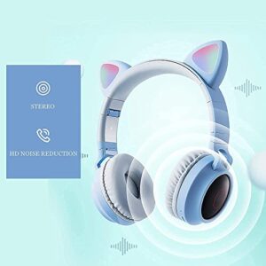 YCDTMY Cat Ear Headphone,Kids Wireless Headphones, Cat Ear LED Light Up Foldable Headphones Over Ear with Microphone, Stereo Sound, FM Radio,TF Card, Headset for Phones/Pad/Smartphones/Laptop (Blue)