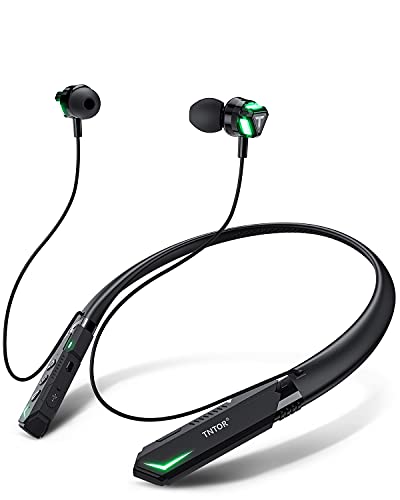 TNTOR Neckband Bluetooth Headphones with Microphone, Wireless Headphones Bluetooth 5.0 with Bright Green LED Ambient Light, Ultra Low Latency, Sweatproof for Gaming Running Sport