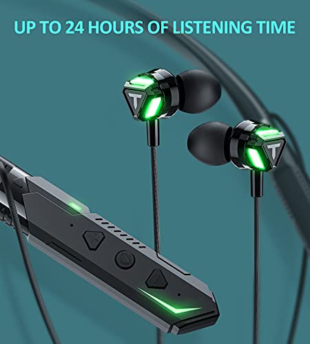 TNTOR Neckband Bluetooth Headphones with Microphone, Wireless Headphones Bluetooth 5.0 with Bright Green LED Ambient Light, Ultra Low Latency, Sweatproof for Gaming Running Sport