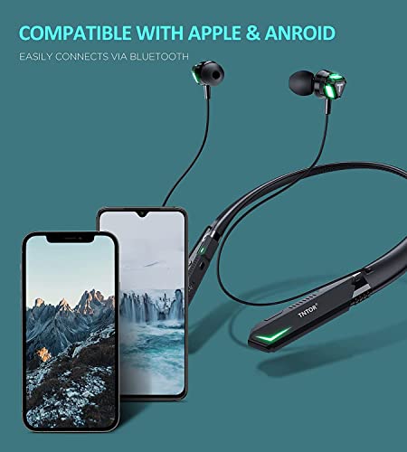 TNTOR Neckband Bluetooth Headphones with Microphone, Wireless Headphones Bluetooth 5.0 with Bright Green LED Ambient Light, Ultra Low Latency, Sweatproof for Gaming Running Sport