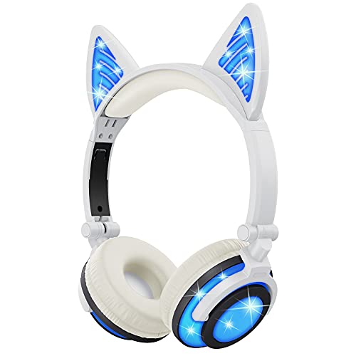 Olyre Intelligent Wireless Cat Headphones for Kids with Microphone On-Ears Stereo Foldable LED Cute Kitty Gift Bluetooth Headset, Compatible with Computer Tablet PC iPad Smartphone Laptop, Blue