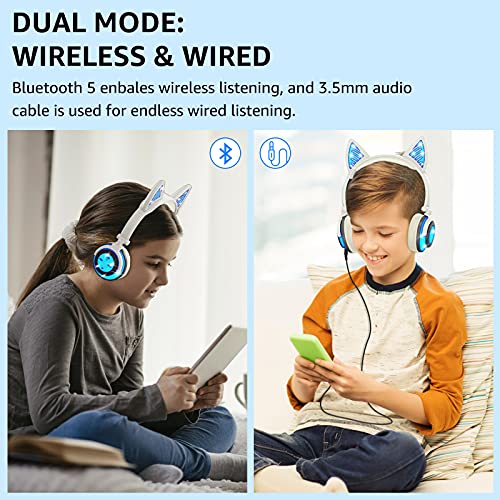 Olyre Intelligent Wireless Cat Headphones for Kids with Microphone On-Ears Stereo Foldable LED Cute Kitty Gift Bluetooth Headset, Compatible with Computer Tablet PC iPad Smartphone Laptop, Blue