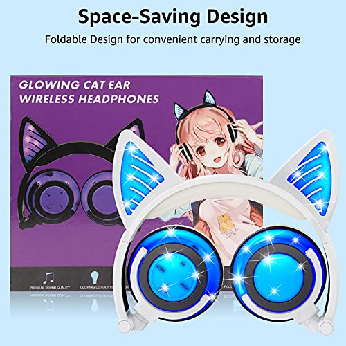 Olyre Intelligent Wireless Cat Headphones for Kids with Microphone On-Ears Stereo Foldable LED Cute Kitty Gift Bluetooth Headset, Compatible with Computer Tablet PC iPad Smartphone Laptop, Blue