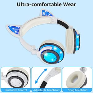 Olyre Intelligent Wireless Cat Headphones for Kids with Microphone On-Ears Stereo Foldable LED Cute Kitty Gift Bluetooth Headset, Compatible with Computer Tablet PC iPad Smartphone Laptop, Blue