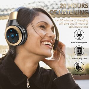 WESADN Active Noise Cancelling Headphones Bluetooth Headphones Wireless Wired Over Ear Headphones with Microphone Foldable Gaming Headset Stereo Bass 20H Playtime for Laptop Smartphone Tablet TV Gold