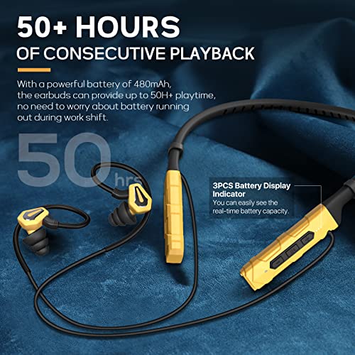 Bluetooth earplug headphones, Neckband Work Bluetooth Earbuds Ear plugs, 30db Noise Reduction Ear Protection Headphones, Custom-fit work earbuds, IPX5 sweatproof, 50+Hour Playtime for work safety