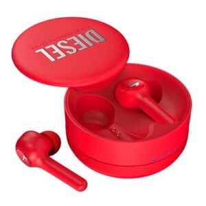 diesel true wireless earbuds, in ear bluetooth headphones with 32 hr playtime, wireless charging case, waterproof headset, led battery power indicator, iphone and android compatible earphones, red