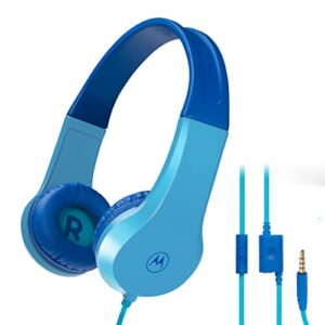 motorola moto jr200 kids headphones with microphone – lightweight over ear wired foldable design, safe volume limit 85db, audio splitter for sharing – ideal for school, home, travel, gaming – blue