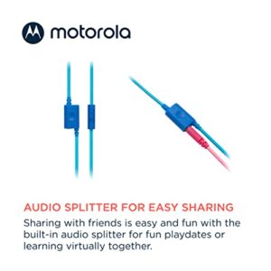 Motorola Moto JR200 Kids Headphones with Microphone - Lightweight Over Ear Wired Foldable Design, Safe Volume Limit 85dB, Audio Splitter for Sharing - Ideal for School, Home, Travel, Gaming - Blue