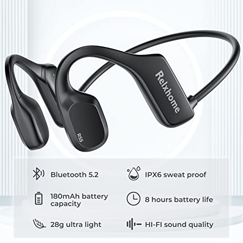 Relxhome RS5 Open Ear Headphones Bluetooth 5.2, Air Conduction Headphones, Wireless Headphones with Microphone, Sweat Resistant Sports Headphones, Air Conduction Headphones for Cycling Running Black