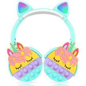 kids headphones, unicorn pop headphones it for girls kids, headphones wireless bluetooth with led light cat ears, gaming headset, foldable adjustable build-in mic for tablet/school/ipad/travel (green)