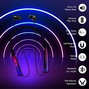 Neckband Bluetooth Headphones Wireless In-Ear Extra Bass Headet with Mic, V5.1 Bluetooth Earbuds 24H Playtime, 10 mm Drivers, IPX7 Waterproof for for Phone Call Music Sports (Laser Purple)