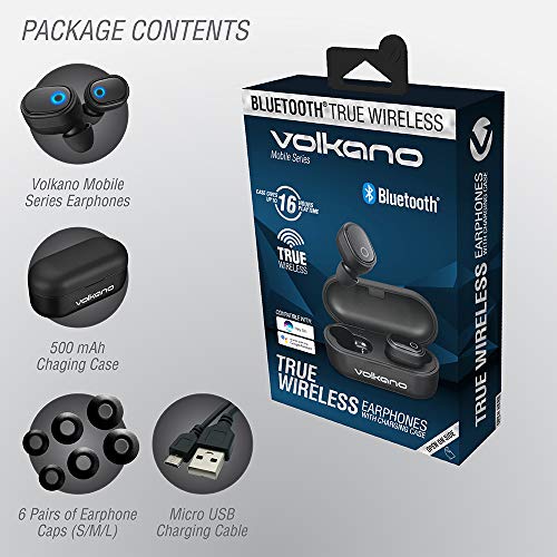 Volkano True Wireless Stereo Earbuds, Bluetooth Earphones 16 Hour Playtime w/Charging Case, Audífonos Inalámbricos Compatible with Google Assistant and Siri, Auto-Reconnect [Black] - Mobile Series