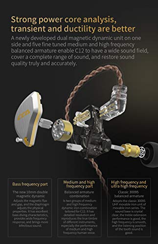 CCA C12 in-Ear Monitors, 5BA+1DD in Ear Earphone Hybrid HiFi Stereo Noise Isolating IEM Wired Earphones/Earbuds/Headphones with Detachable Cable CPin for Musician Audiophile (with Mic, C12 Gold)