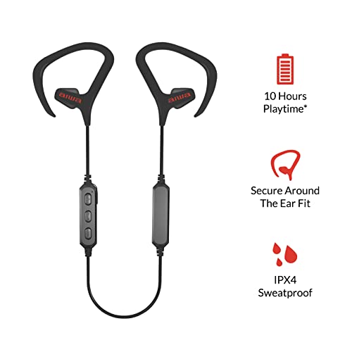 AIWA Train in Ear Wireless Headphones with 10 Hour Playback Time, 10mm Drivers, IPX4 Waterproof and Sweatproof Bluetooth Earbuds, Secure Wingtips, Perfect for The Gym