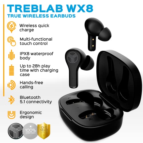 TREBLAB WX8 - True Wireless Earbuds, IPX8 Waterproof Earbuds with up 28H of Play Time, Bluetooth 5.1, Touch Control and Noise Isolation, Includes Charging Case w/Wireless Charging, USB-C Port(Renewed)