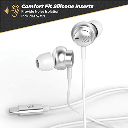 Scosche iDR500CW-XVSP2 Earbuds with Noise Isolating Ear Cushions for USB-C Devices in White/Silver