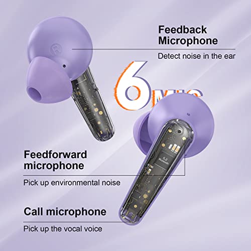 ASIMOM NC72 Active Noise Cancelling Wireless Earbuds, ANC Bluetooth Earbuds with 6-Mic Clear Call, True TWS, Multi-Mode, Deep Bass, Bluetooth 5.2, Compact Charging Case-Purple