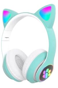 cute cat headphone with wireless bt noise cancelling microphone & led lights- green