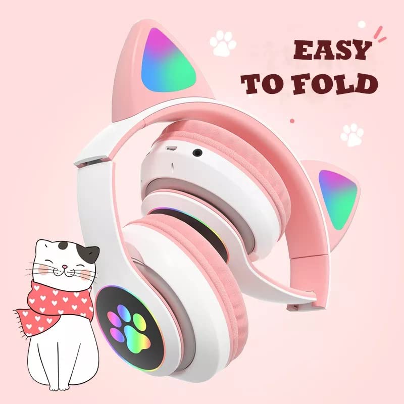 Cute Cat Headphone with Wireless BT Noise Cancelling Microphone & LED Lights- Black