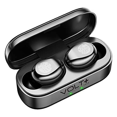 VOLT PLUS TECH Slim Travel Wireless V5.1 Earbuds Compatible with Your T-Mobile Revvl 4+ Updated Micro Thin Case with Quad Mic 8D Bass IPX7 Waterproof/Sweatproof (Black)