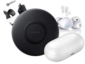 samsung galaxy bud’s 2019 white – true wireless earbuds with wireless qi slim pad 18w fast charger (renewed)